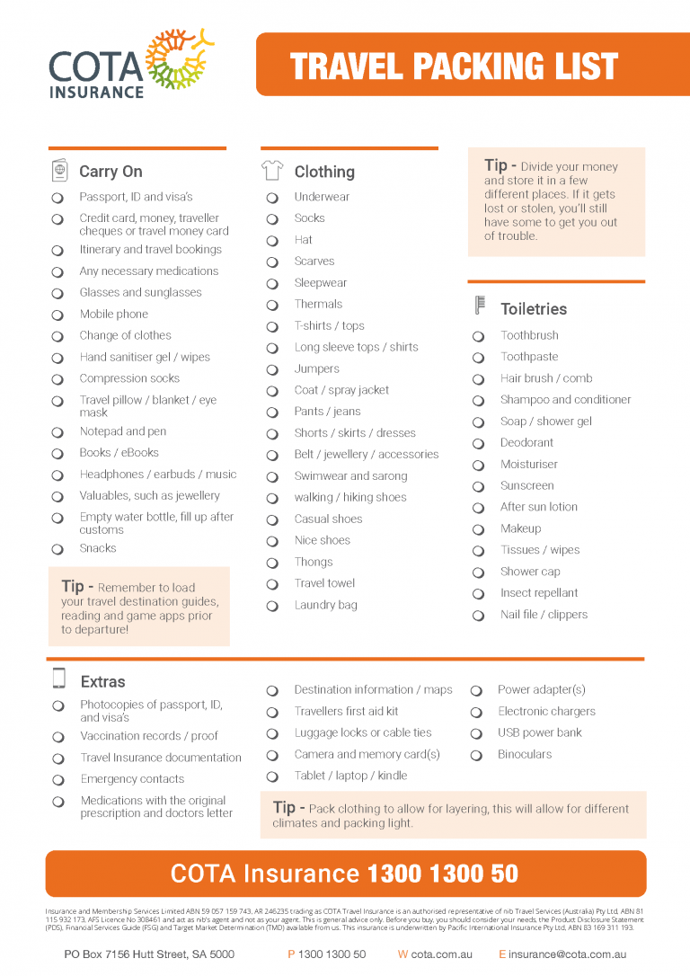 COTA Insurance Travel Packing List | COTA Insurance